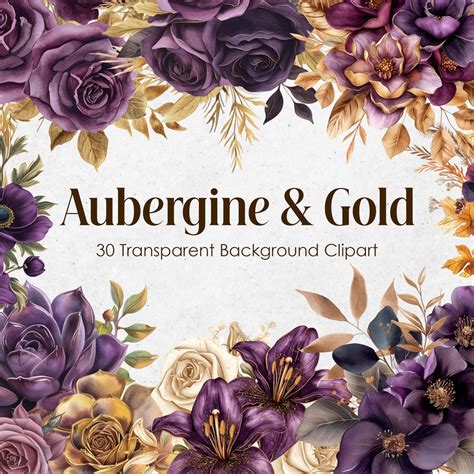 Dark Purple And Gold Flowers Watercolor Clipart Setaubergine Floral