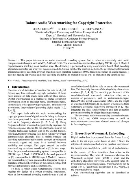 Pdf Robust Audio Watermarking For Copyright Protection