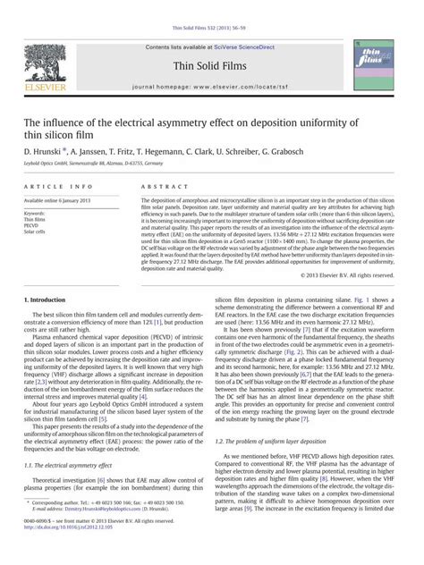 Pdf The Influence Of The Electrical Asymmetry Effect On Deposition