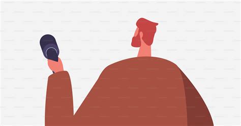 마이크 후면보기가있는 남성 캐릭터 기자 인터뷰 방문 기자 회견 또는 라이브 뉴스 보도에 대한 브리핑은 흰색 배경에 고립되어 있습니다 만화 사람들 벡터 일러스트레이션