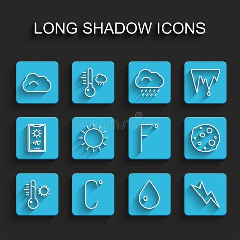 Set Line Meteorology Thermometer Celsius Cloud Water Drop Lightning Bolt Sun Moon And