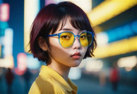 A Young Asian Girl With Short Dark Hair Wearing Yellow Sunglasses Stock