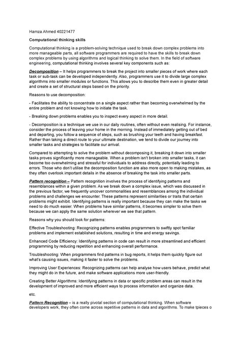 Computational Thinking Hamza Ahmed 40221477 Computational Thinking Skills Computational