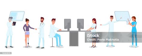의학 벡터 일러스트 세트의 기술 젊은 의사 간호사 메딕 캐릭터 컴퓨터 대화형 인터페이스 의사 및 환자 악수와 함께 작업하는 현대