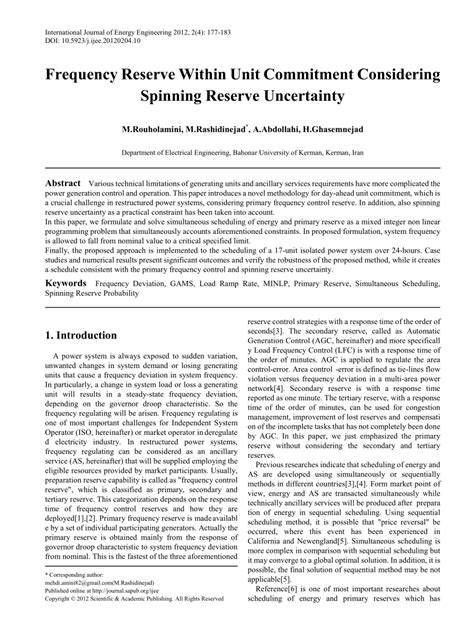 Pdf Frequency Reserve Within Unit Commitment Considering Spinning