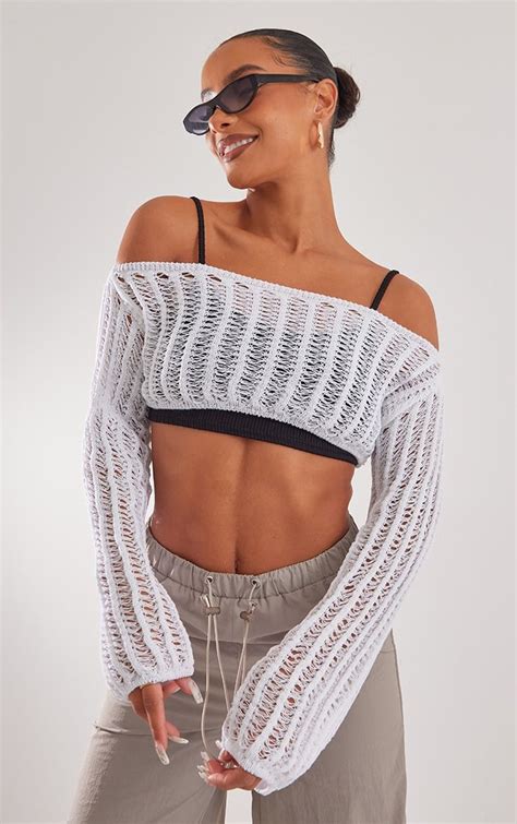 Access Denied Bardot Crop Top Long Sleeve Bodysuit Women Crop Tops