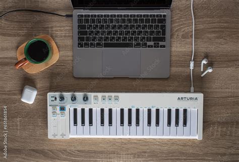 Batumi Georgia April 22 2023 Musician Workspace Layout On The Wooden Desktop Midi