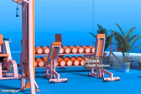 푸른 벽과 바닥체육관에서 핑크 트레이닝 벤치 아령과 기계 트레이너 측면 뷰 3d 렌더링 덤벨에 대한 스톡 사진 및 기타 이미지