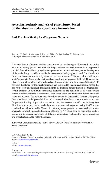 Pdf Aerothermoelastic Analysis Of Panel Flutter Based On The Absolute Nodal Coordinate Formulation