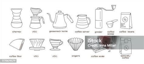 수동 대체 커피 추출 방법 및 도구 손으로 그린 낙서 스타일 아이콘 드립 커피 위에 붓기 위해 설정 윤곽선 가는 선 그래픽 벡터 평면 스타일 고립된 Illustration