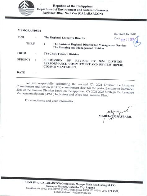 Memo Submission Of Revised Cy 2024 Division Performance Commitment