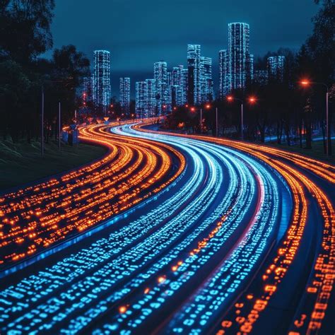 Digital Cityscape Made Of Binary Code With Light Trails Premium Ai