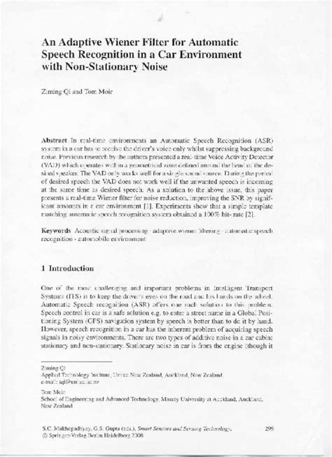 Pdf An Adaptive Wiener Filter For Automatic Speech Recognition In A