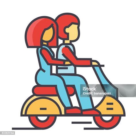 스쿠터의 개념을 운전 하는 여자와 오토바이 행복 한 남자를 타고 사랑에 커플 선 벡터 아이콘입니다 편집 가능한 선입니다 흰색 배경에 고립 된 평면 선형 삽화 개성 개념에