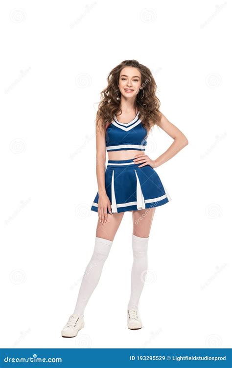 Happy Cheerleader Girl In Blue Uniform Showing Thumbs Up Isolated On White Stock Photography