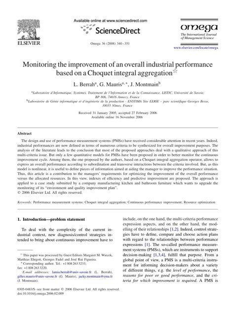 Pdf Monitoring The Improvement Of An Overall Industrial Performance Based On A Choquet