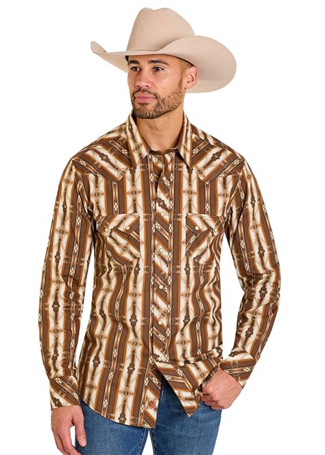 Mens Slim Fit Dusty Heritage Aztec Long Sleeve Snap Shirt Rock
