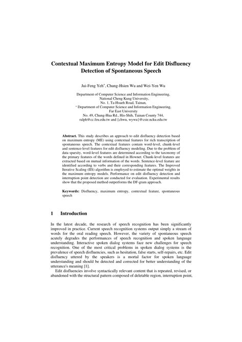 Pdf Contextual Maximum Entropy Model For Edit Disfluency Detection Of Spontaneous Speech