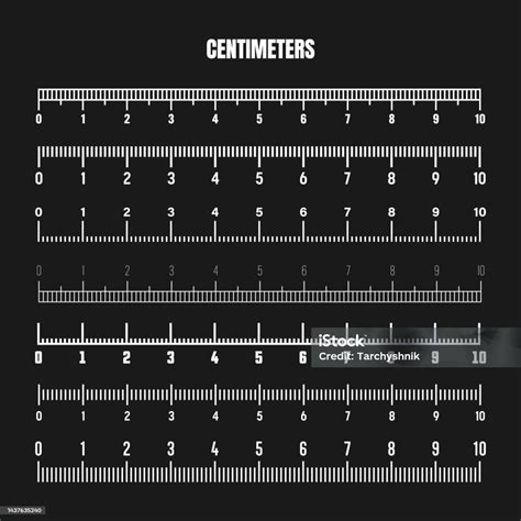 길이 또는 높이를 측정하기위한 사실적인 흰색 센티미터 스케일 분할이 있는 다양한 측정 스케일 눈금자 테이프 측정 표시 크기