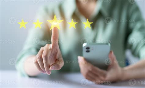 Asian Woman Rating Five Stars Concept Stock Photo At Vecteezy