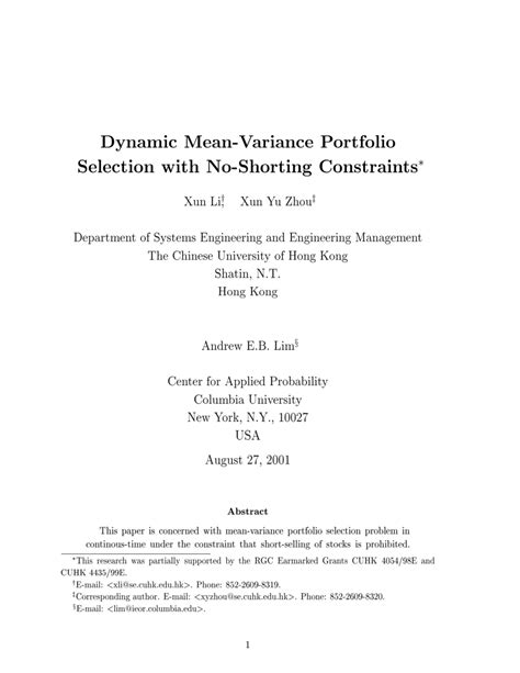 Pdf Dynamic Mean Variance Portfolio Selection With No Shorting