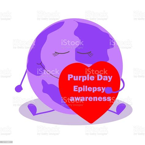 보라색 땅은 그녀의 손에 빨간 마음을 보유하고 있다 보라색 의 날 3월 26일 세계 간질 인식의 날 엽서 배너 포스터 또는 템플릿을 디자인합니다 플랫 일러스트레이션 건강