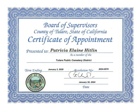 Patricia Hitlin Certificate Of Appointment And Oath Of Office Tulare Public Cemetery District