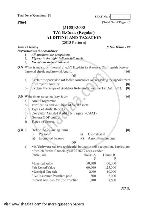 Auditing And Taxation 2016 2017 Bachelor Of Commerce Bcom 3rd Year Tybcom 2013 Pattern