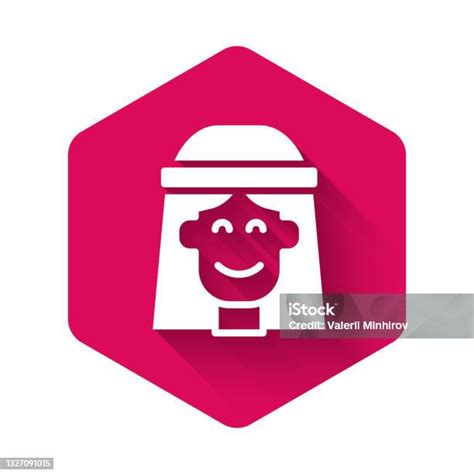 긴 그림자 배경으로 고립 된 화이트 히피 소녀 아이콘 평화와 사랑의 표지판 기호 태평양의 자유와 사랑 핑크 육각형 버튼 벡터 60 69세에 대한 스톡 벡터 아트 및 기타