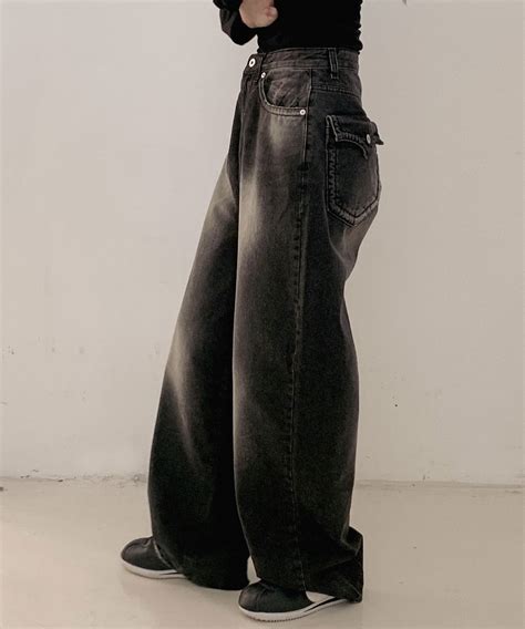 더롯 Ootj 그녀의선택 오오티제이 흑청 데빌 백포켓 포인트 워싱 와이드 데님 팬츠 바지