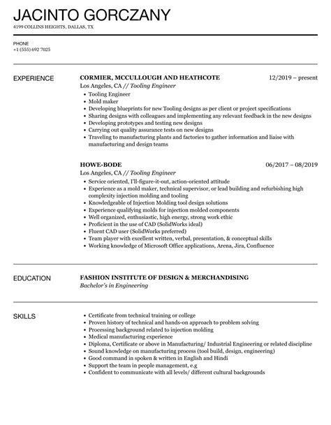 Tooling Engineer Resume Samples Velvet Jobs
