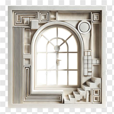계단과 원이 있는 아치형 창문을 둘러싼 기하학적 패턴을 특징으로 하는 복잡한 3d 아트웍은 놀라운 시각적 구성을 만들어냅니다 3d 기하학 예술 추상 창 디자인 입체적인