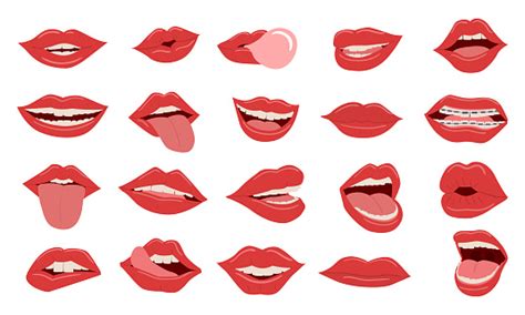 입술 현실적인 여자는 미소를 닫고 치아와 혀로 입을 엽니 다 화장품 및 메이크업 치과 진료소 및 섬유 인쇄 템플릿에 대한 광고 벡터 얼굴 표정 세트 0명에 대한 스톡 벡터