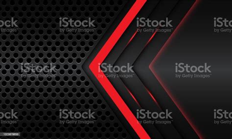 추상적 인 빨간 빛 그림자 화살표 방향 에 어두운 회색 금속 원 메쉬 패턴 디자인 현대 럭셔리 미래 기술 배경 일러스트 금속 쇠살대에 대한 스톡 사진 및 기타 이미지