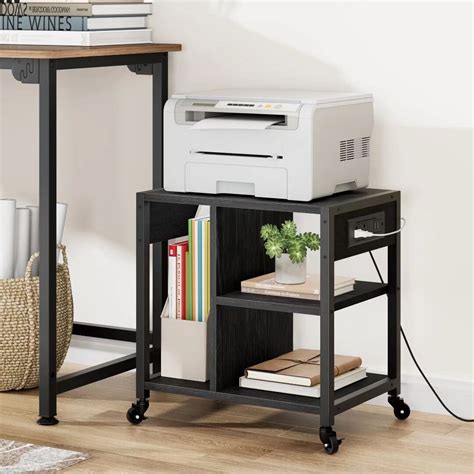 Under Desk Mobile Printer Stand Desktop Printer Table With Storage Shelf Rustic Black