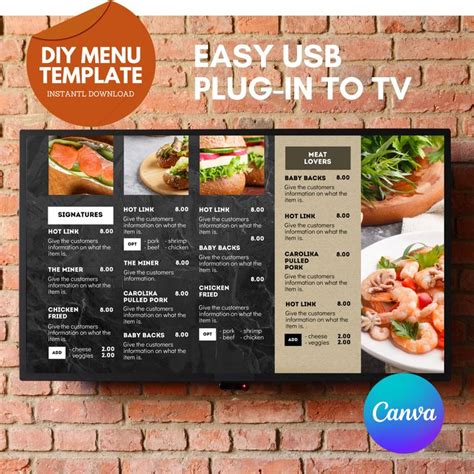 Diy Static Tv Editable Digital Menu Board Screen Canva Template For Restaurant Pizza Burger Cafe