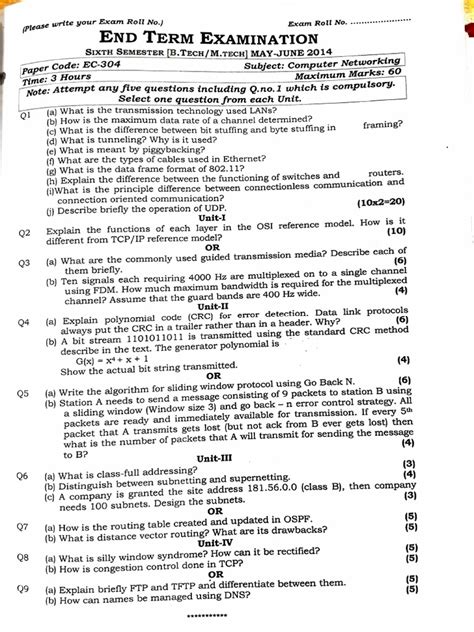 pyqs computer networks pdf bandwidth signal processing bit rate