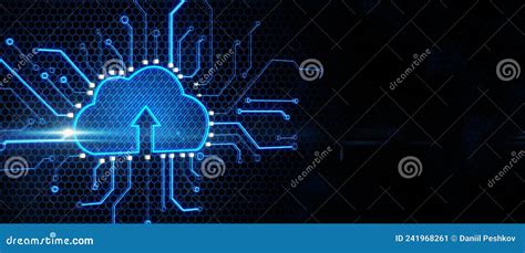 Cloud Computing Concept With Bright Digital Cloud Icon With Arrow Surrounded By Microcircuit