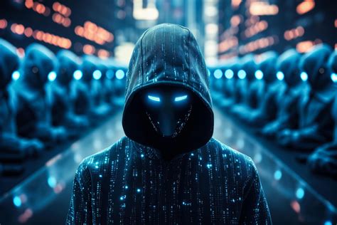 Portrayal Of AI Robot Hacker Surrounded By A Network Of Glowing Data Stock Photo At