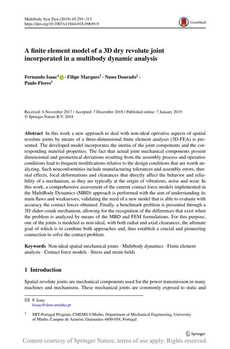 A Finite Element Model Of A 3d Dry Revolute Joint Incorporated In A Multibody Dynamic Analysis
