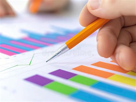 Hand Holding Orange Pencil Analyzing Colorful Charts And Graphs