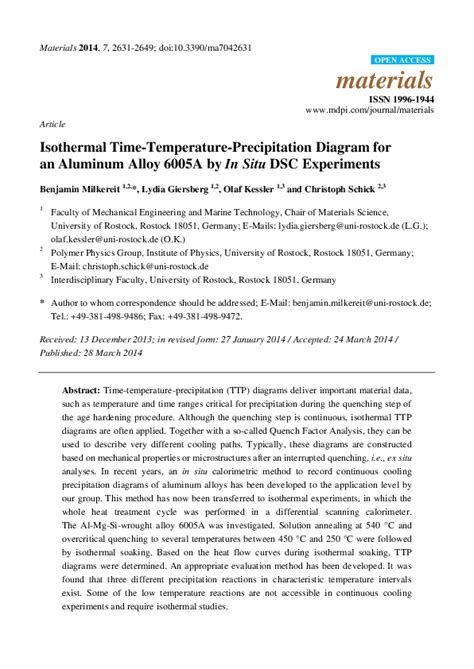 Pdf Isothermal Time Temperature Precipitation Diagram For An Aluminum Alloy 6005a By In Situ