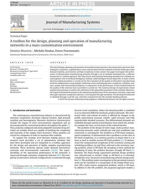Pdf A Toolbox For The Design And Operation Of Manufacturing Networks