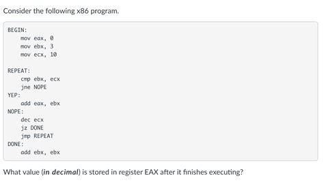 solved consider the following x86 program begin mov eax 0