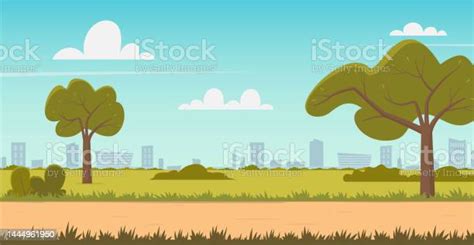 화창한 여름날에 도시 공원의 길 자연 경관과 건물을 배경으로 한 공공 공원 플랫 벡터 일러스트레이션 잔디에 대한 스톡 벡터 아트 및 기타 이미지 Istock