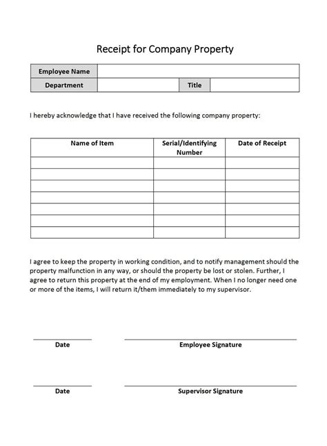 Receipt For Company Property Record Of Belongings Given To Employee Safekeep Company Possessions