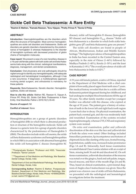 Pdf Sickle Cell Beta Thalassemia A Rare Entity Oral And