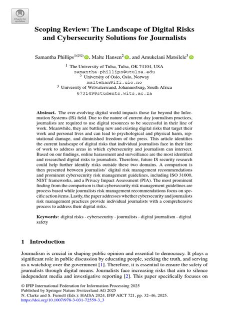 Scoping Review The Landscape Of Digital Risks And Cybersecurity Solutions For Journalists Pdf