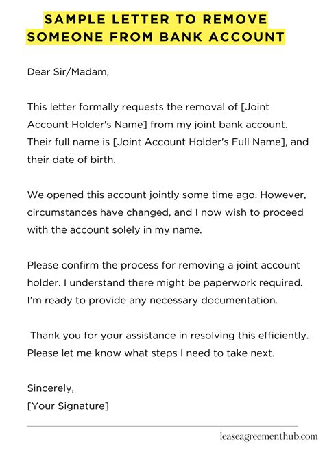 sample letter to remove someone from bank account