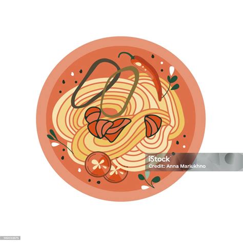 우동 또는라면 스프 아시아 음식 스티커입니다 연어와 고추를 곁들인 국수 레스토랑 배너 로고 및 패스트 푸드 광고에 적합합니다 한국 또는 중국 음식 0명에 대한 스톡 벡터